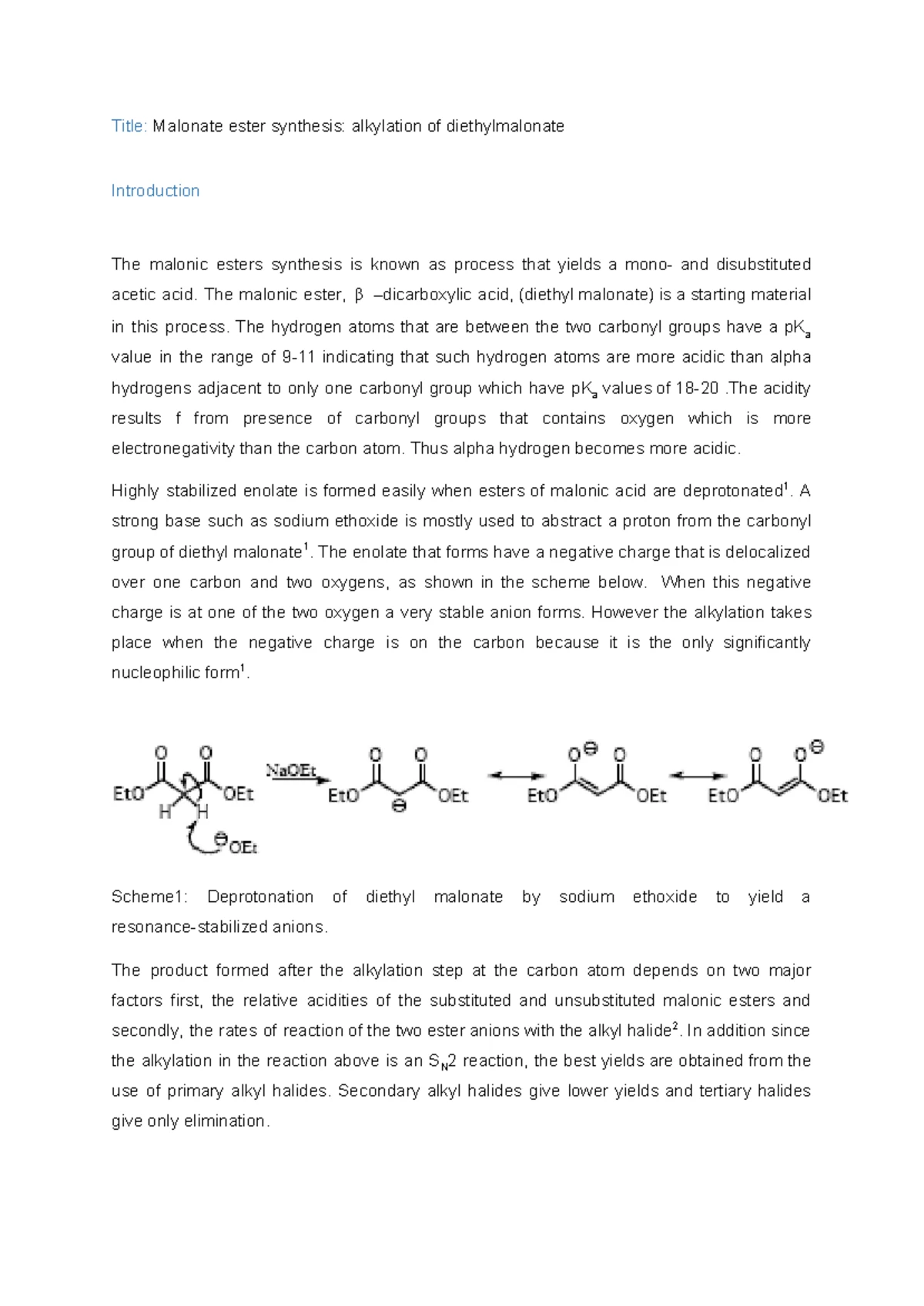 Synthesis of malonic ester - Title: Malonate ester synthesis ...