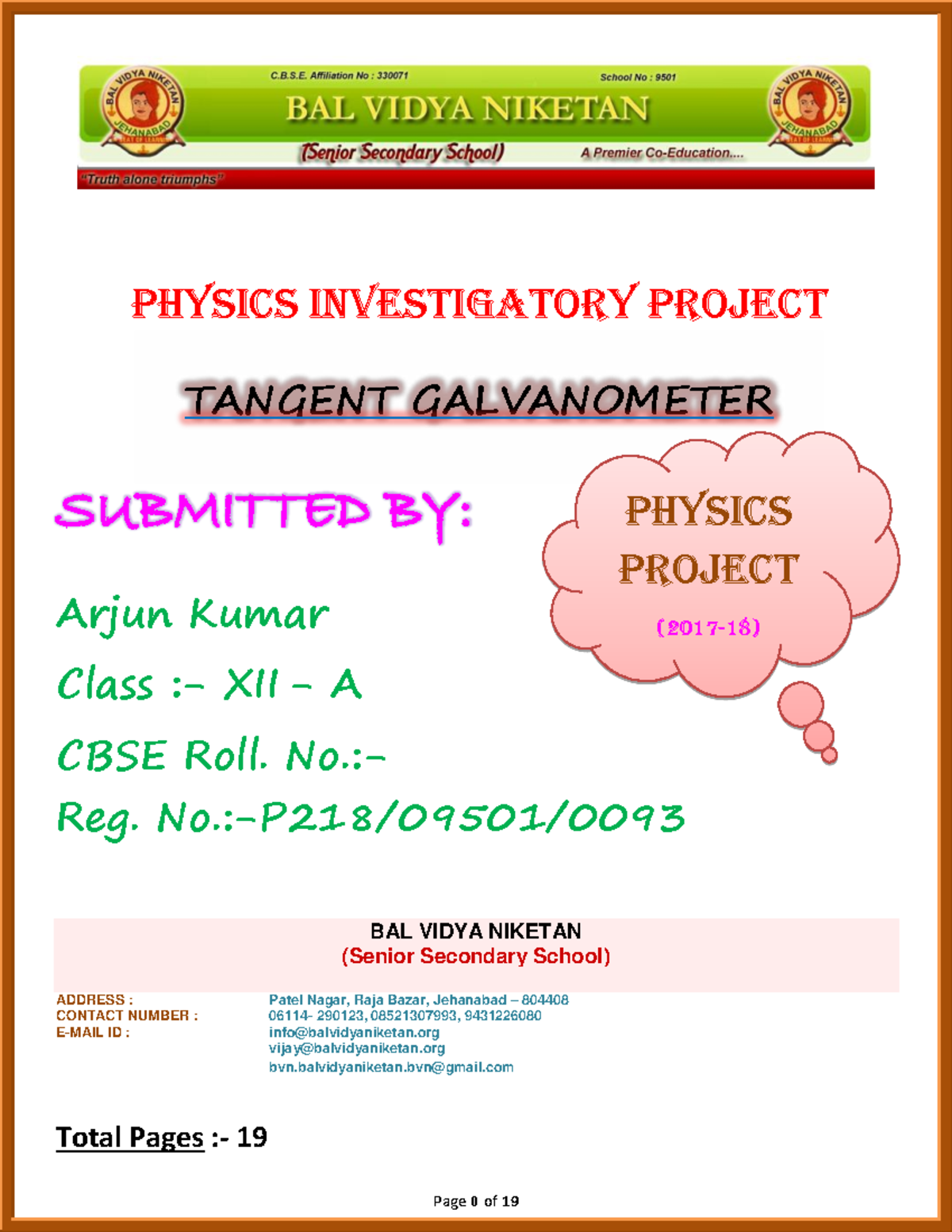 PHYSICS Project Class XII A: Investigatory Project on Tangent ...