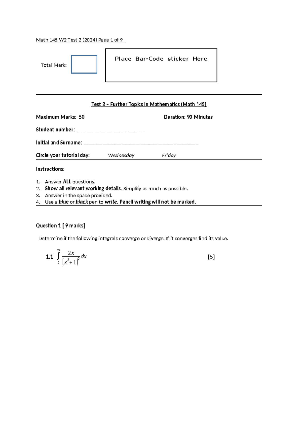 TEST 2 - MATH 145 W2 - Further Topics in Mathematics (2024) - Studocu