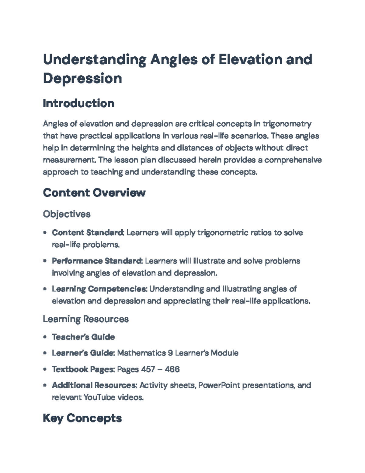 Angles of Elevation and Depression: Comprehensive Lesson Plan (Math 9 ...