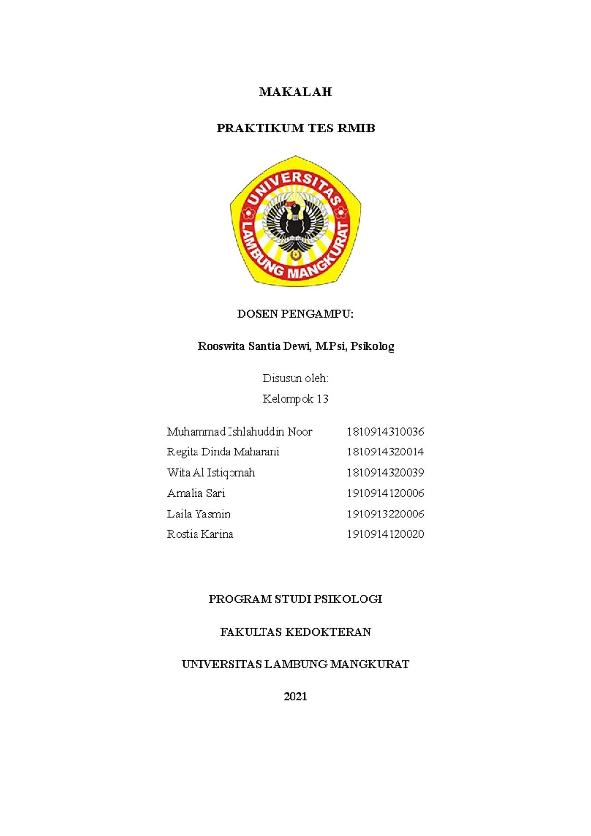 Praktikum Tes RMIB - Kelompok 13 (Psikologi) - Studocu