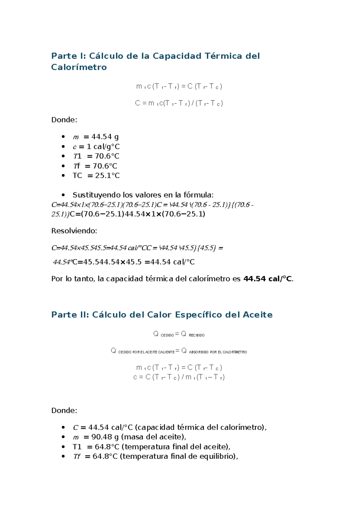 Parte I Cálculo de la Capacidad Térmica del Calorímetro - Parte I ...