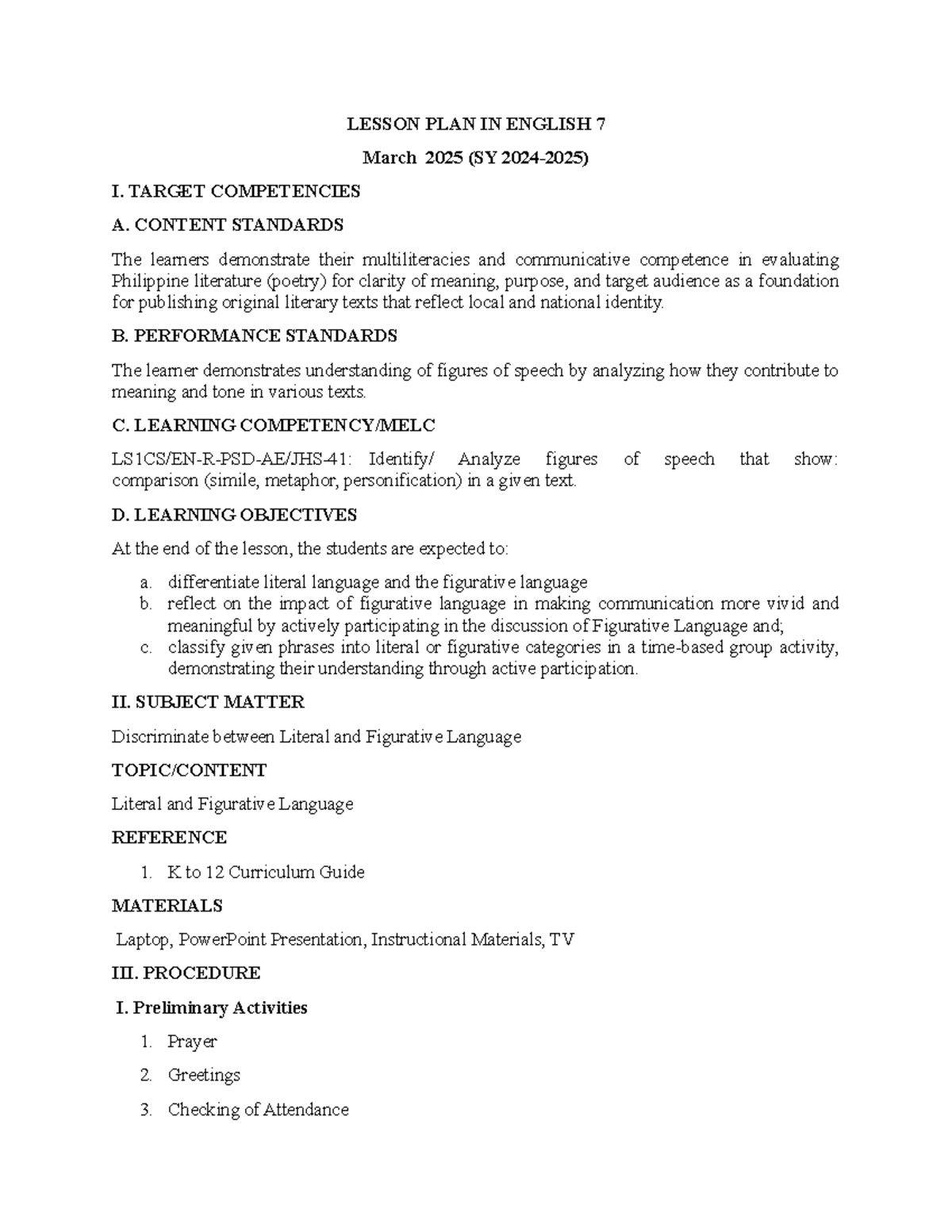 English 7 - Semi Detailed Lesson Plan on Literal & Figurative Language ...