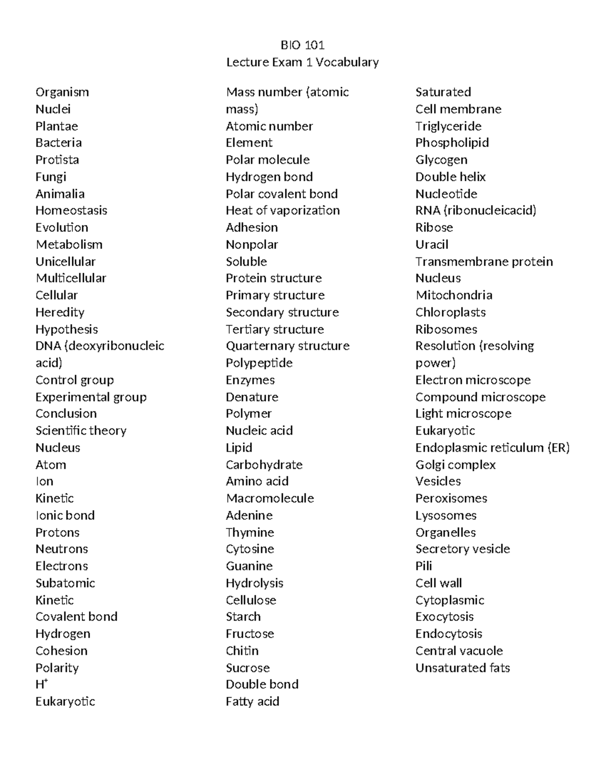 BIO 101 Lecture Exam 1 Vocabulary Guide and Key Terms - Studocu