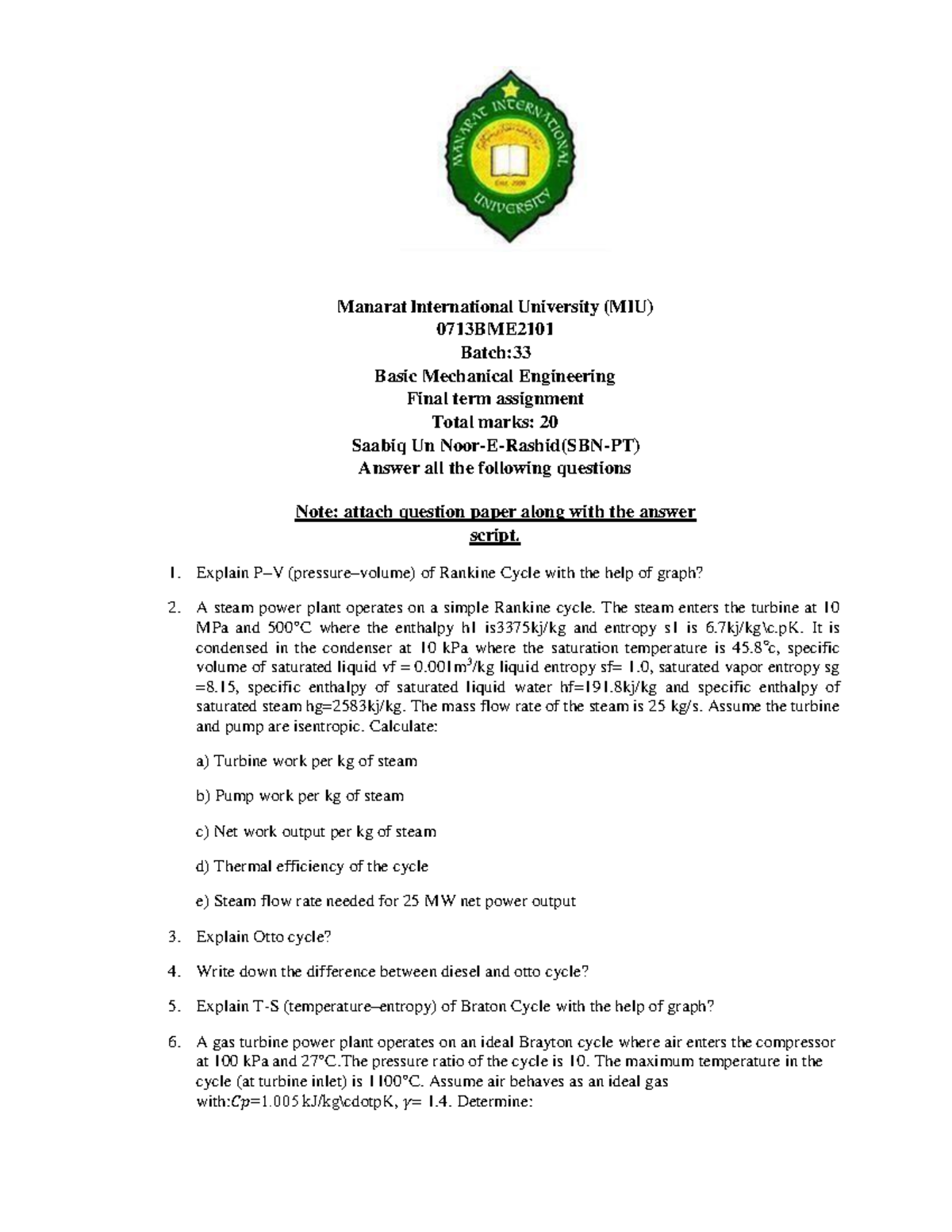 BME 0713BME2101 Final Term Assignment on Mechanical Engineering - Studocu