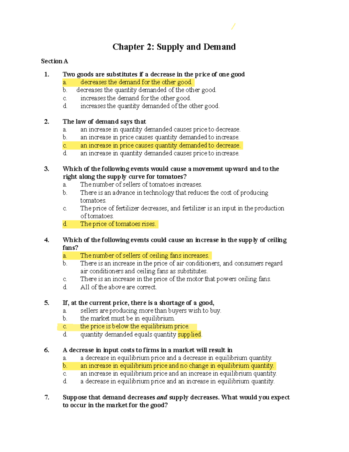 Exercise - Ch 2 - Supply and Demand - Final Exam Review Materials - Studocu