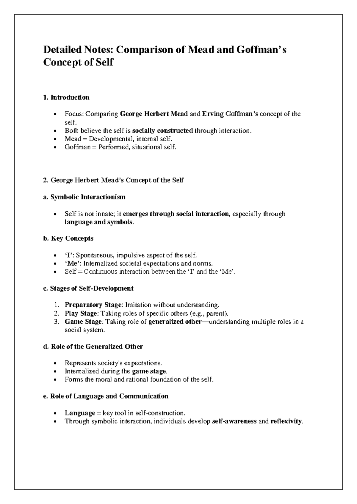 Mead vs Goffman: Lecture Notes on the Concept of Self - Studocu