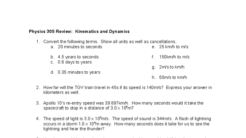 Physics 30S Review: Kinematics & Dynamics Concepts Explained - Studocu