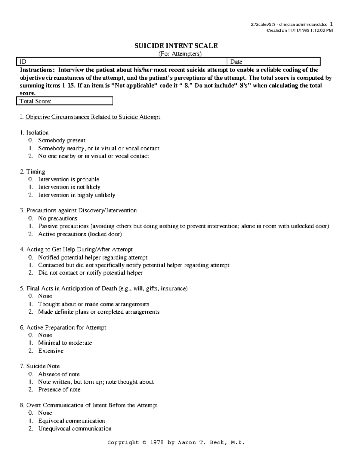 Beck Suicide Intent scale - Z:\Scales\SIS - clinician administered 1 ...