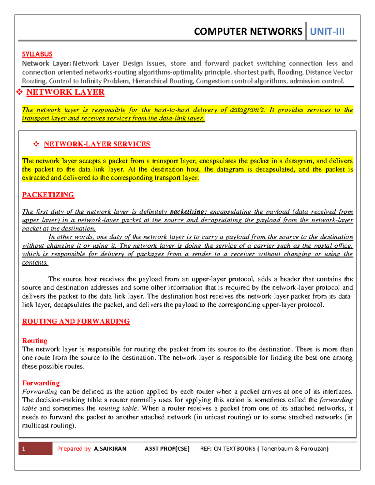 CN UNIT 3 - Computer Networks 3rd unit - SYLLABUS Network Layer: Network Layer Design issues ...