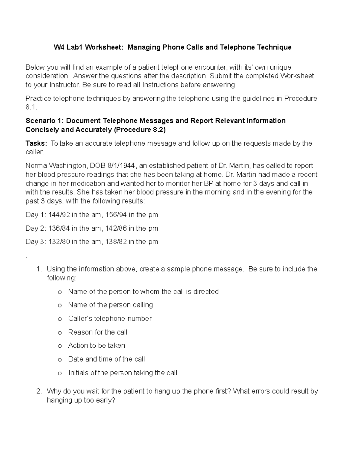 MOA110 W4 Lab - Managing Phone Calls and Techniques Worksheet - Studocu