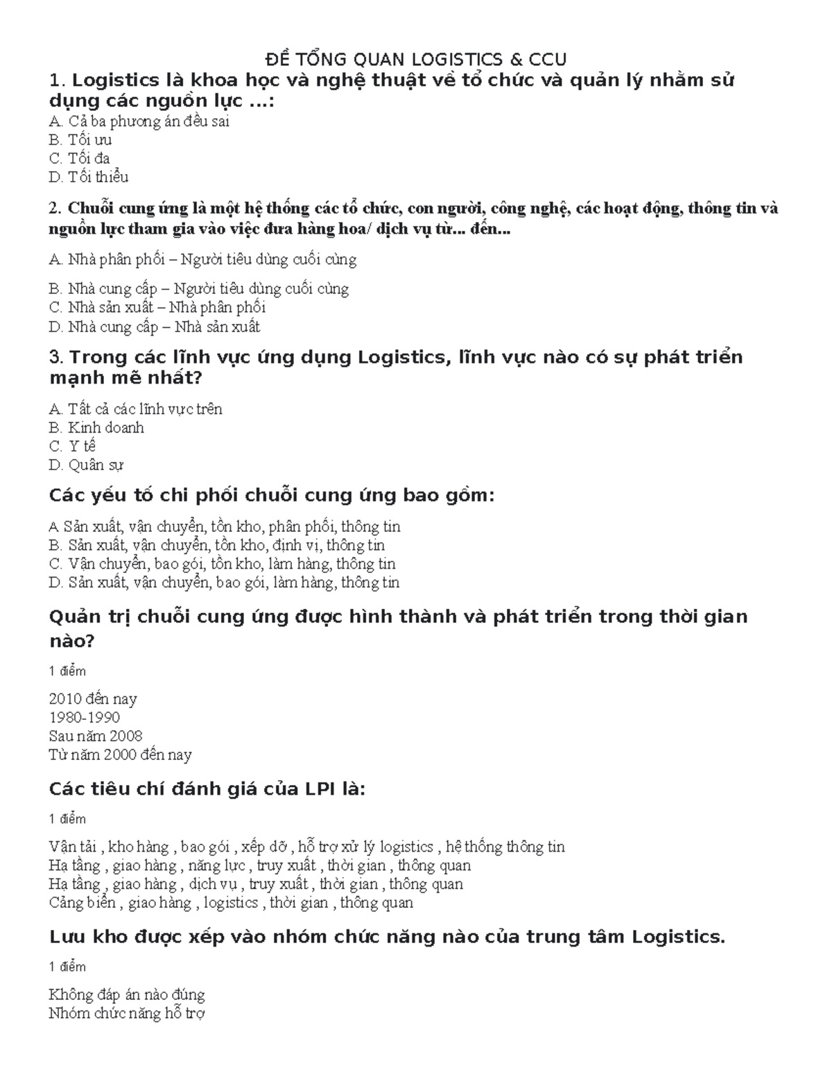 ĐỀ TỔNG QUAN LOGISTICS CCU 1 - Ôn Tập Kiến Thức - Studocu