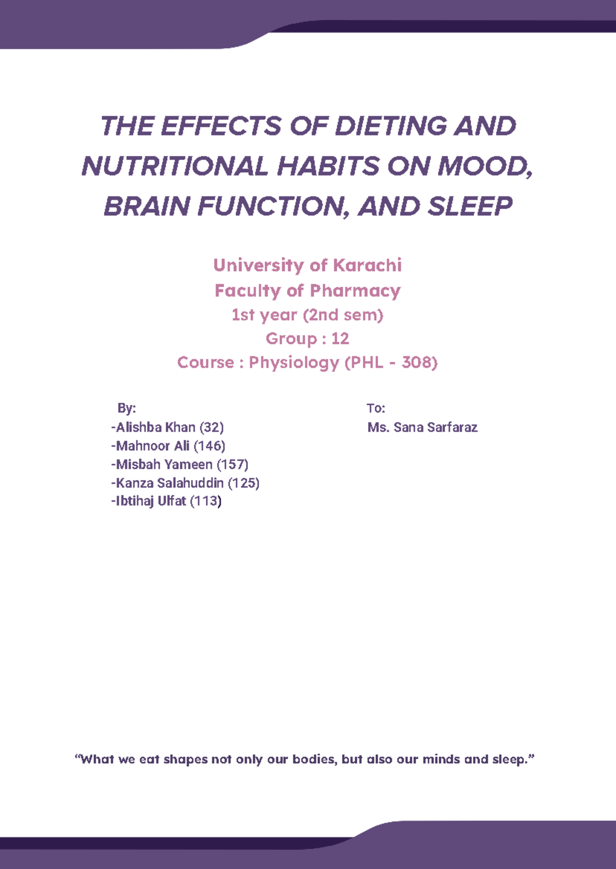 PHL 308: Effects of Dieting on Mood, Brain Function, and Sleep - Studocu