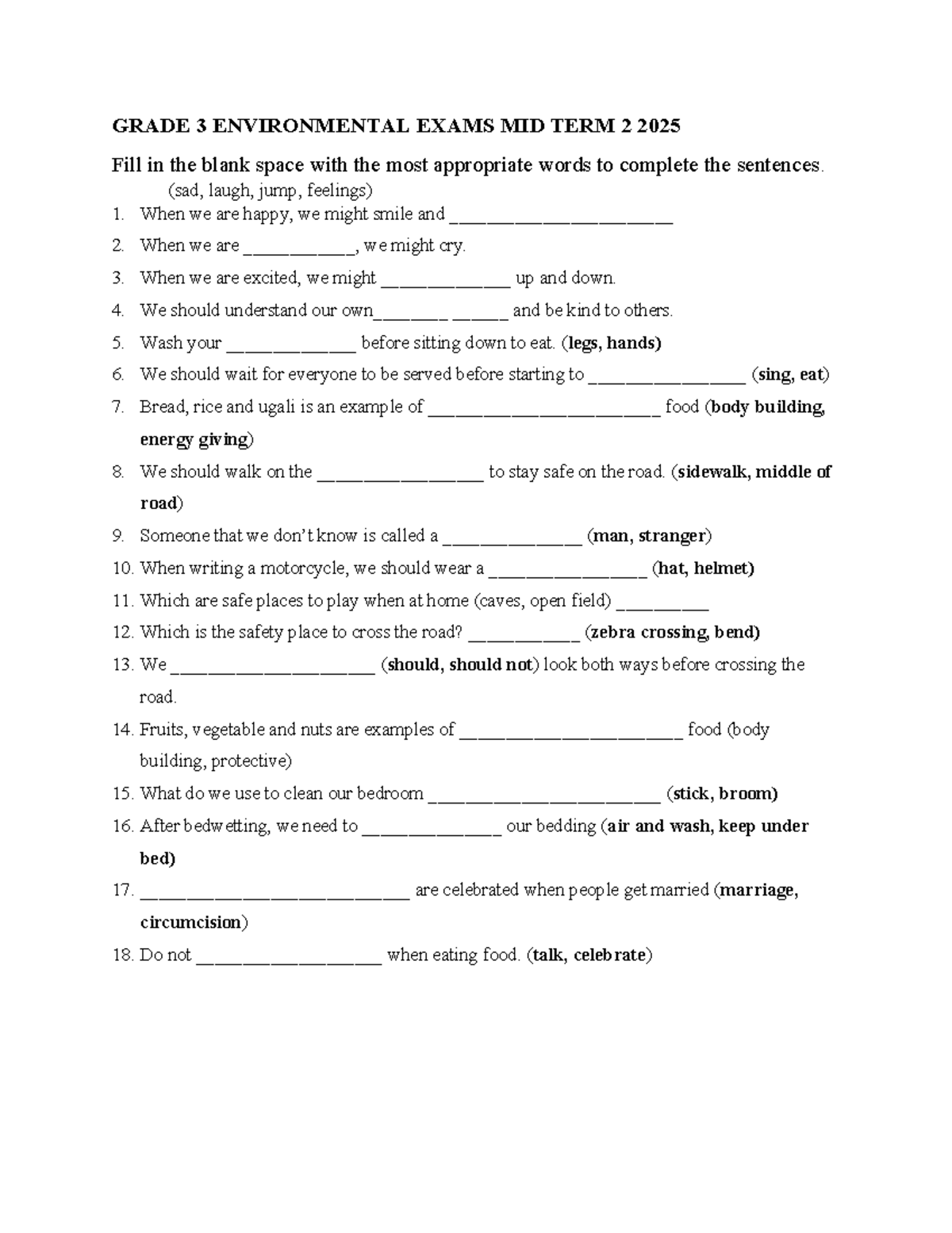 GRADE 3 ENVIRONMENTAL MIDTERM 2 EXAM 2025 FILL IN THE BLANKS - Studocu