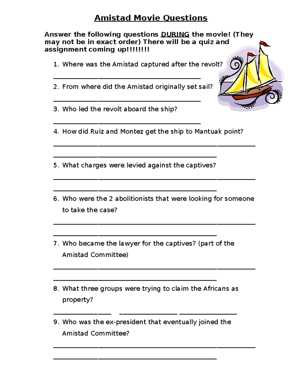 Amistad Movie Quiz Questions for Class Assignment - Studocu