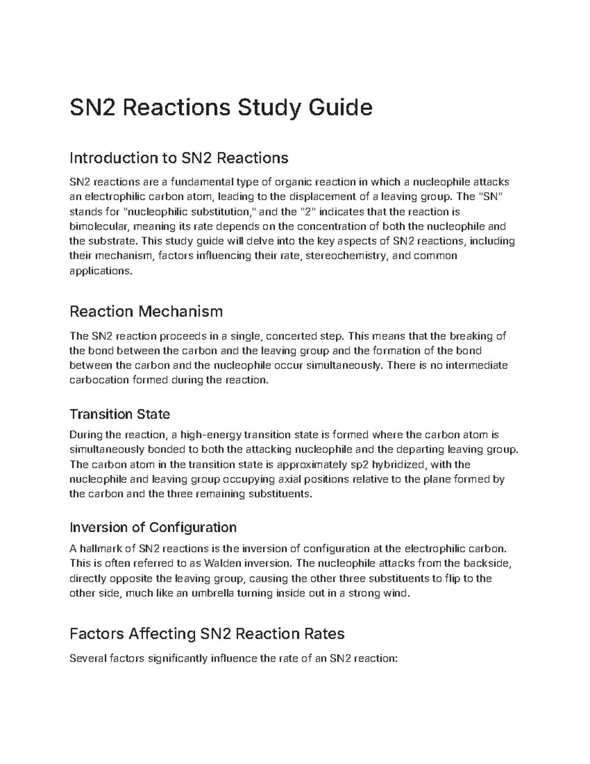 SN2 Reactions Study Guide: Mechanism, Rates, and Factors - Studocu