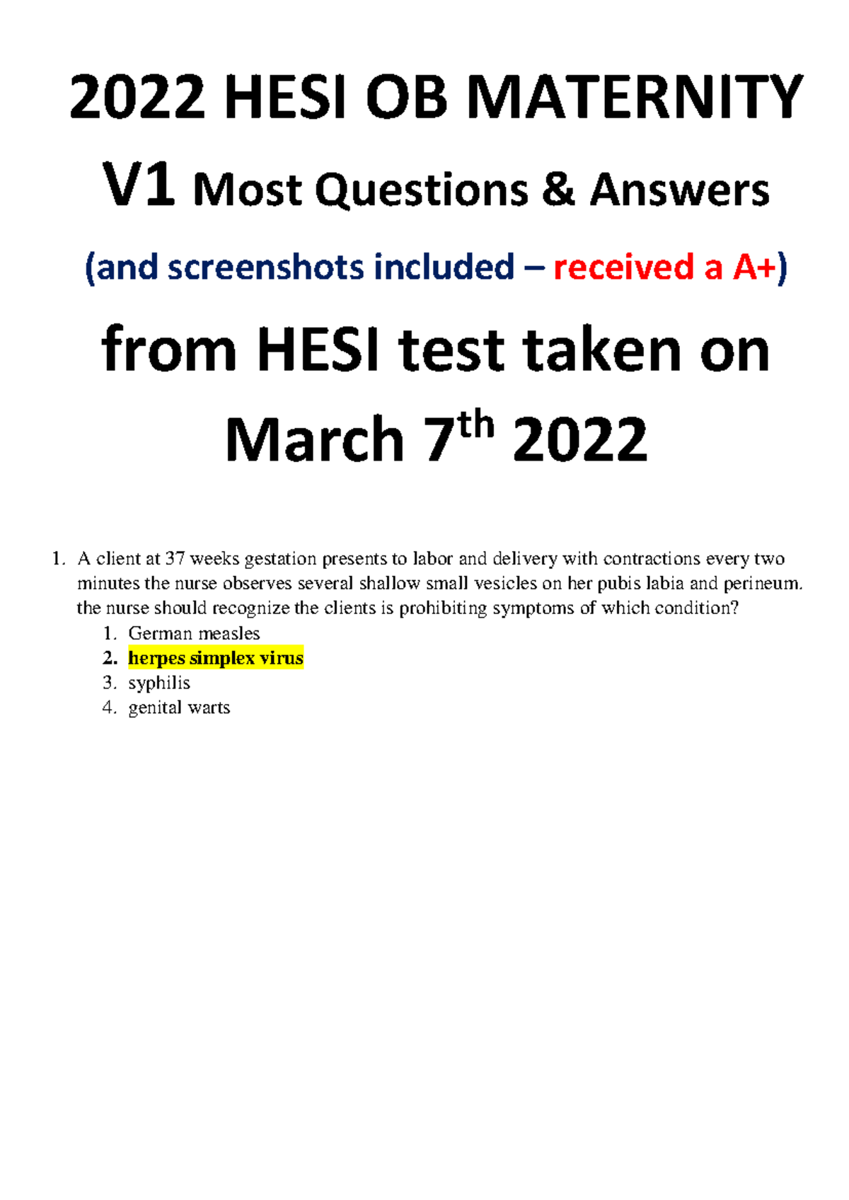 2022 HESI OB Maternity V1 Exam - Comprehensive QA with Screenshots ...