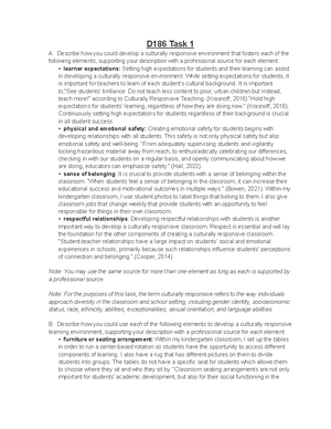 D186 Task 1 - Culturally responsive teaching - D186 Task 1 A. Describe ...