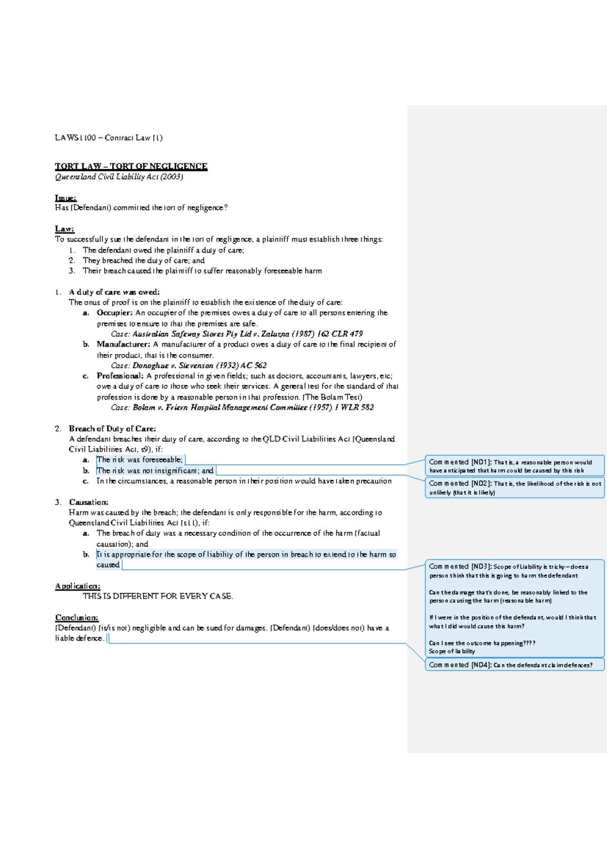 Template for Negligence ILAC response - LAWS1100 Contract Law (1) TORT ...