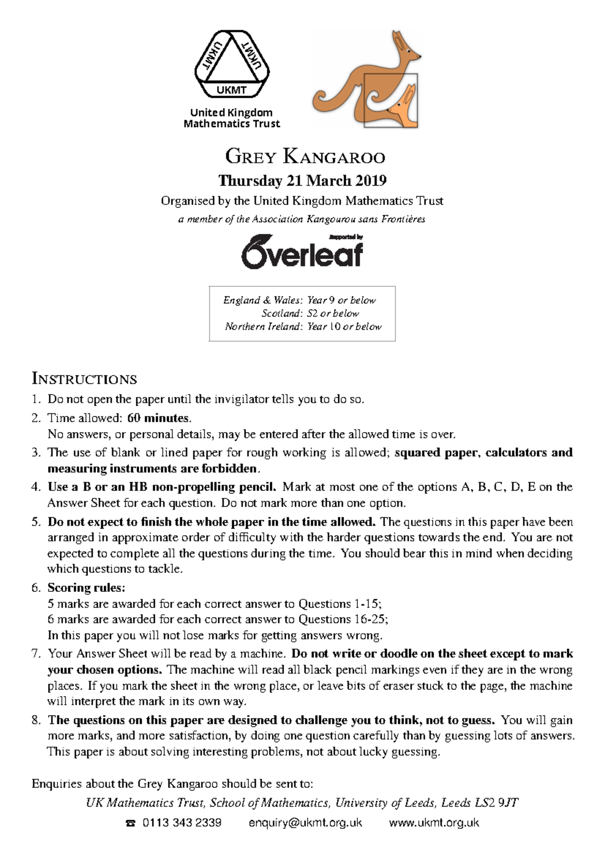 UKMT Grey Kangaroo 2019: Year 9 Mathematics Questions - Studocu
