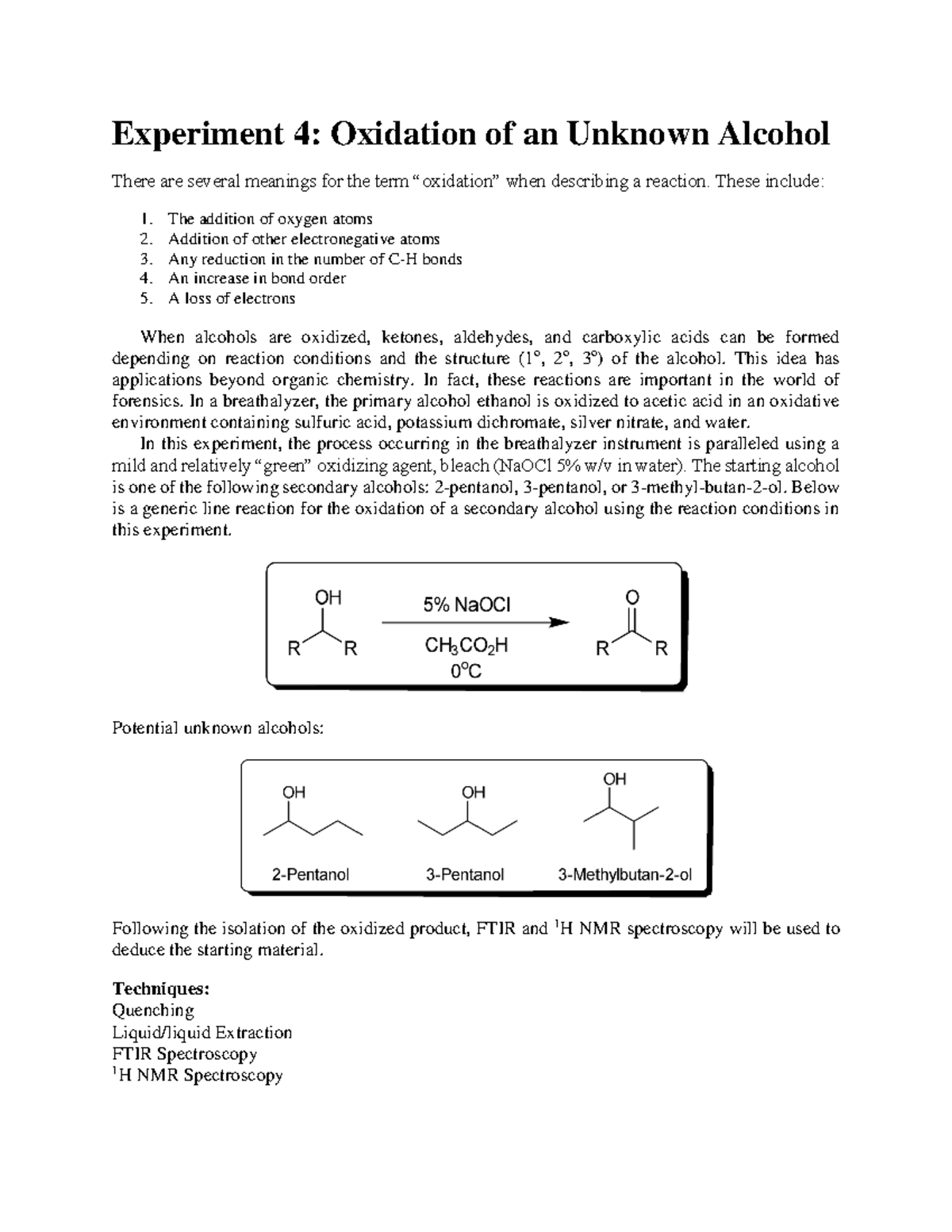 CHEM 2212L Experiment 4: Oxidation of Unknown Alcohol Lab Procedure ...