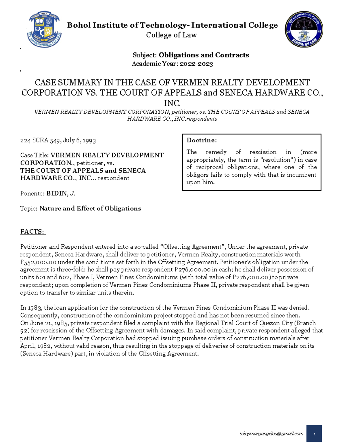 31. Vermen Realty v CA Tolop - Bohol Institute of Technology ...