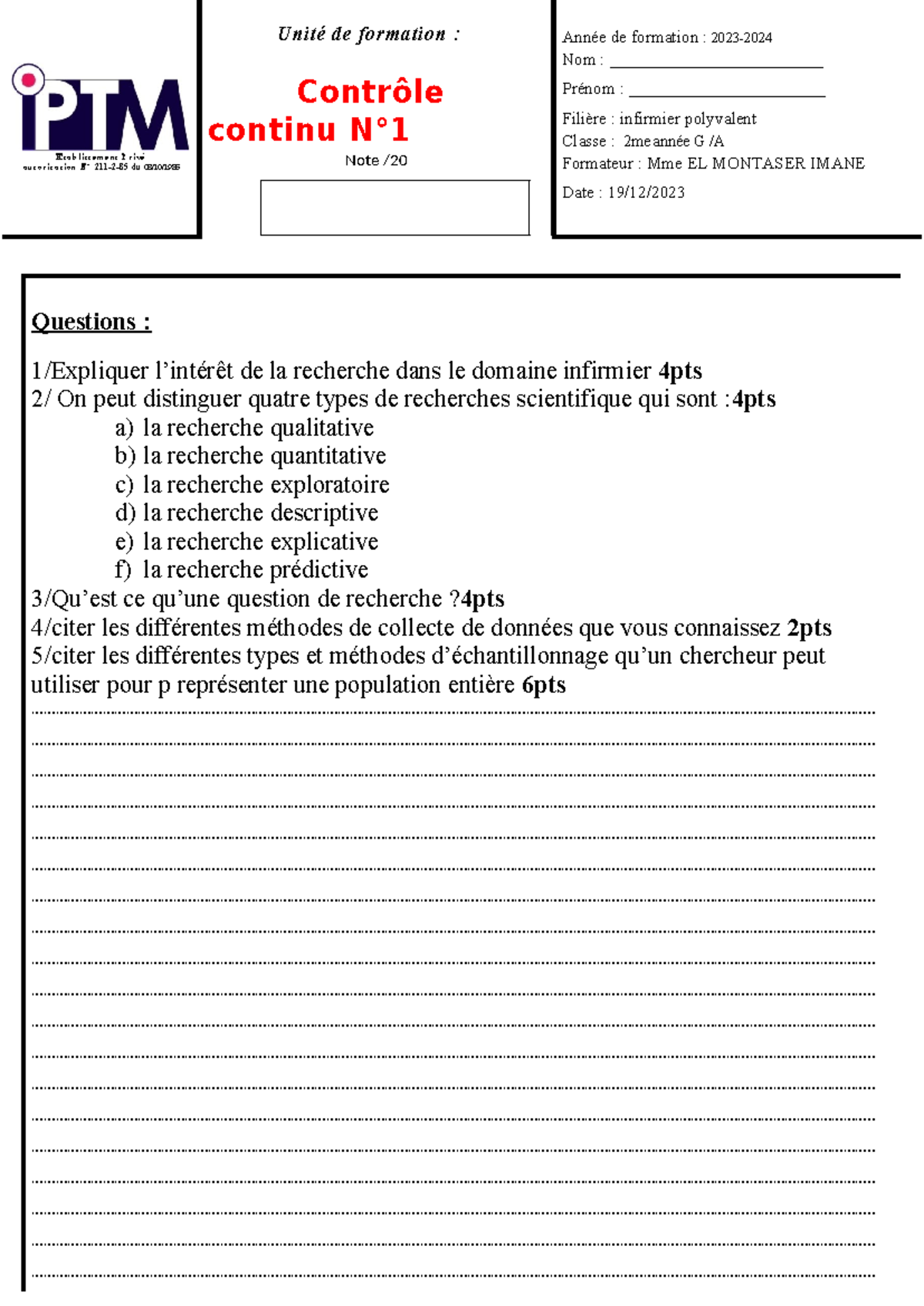 Contrôle Continu n°1 : Méthodes de Recherche en Infirmier - 2ème Année - Studocu