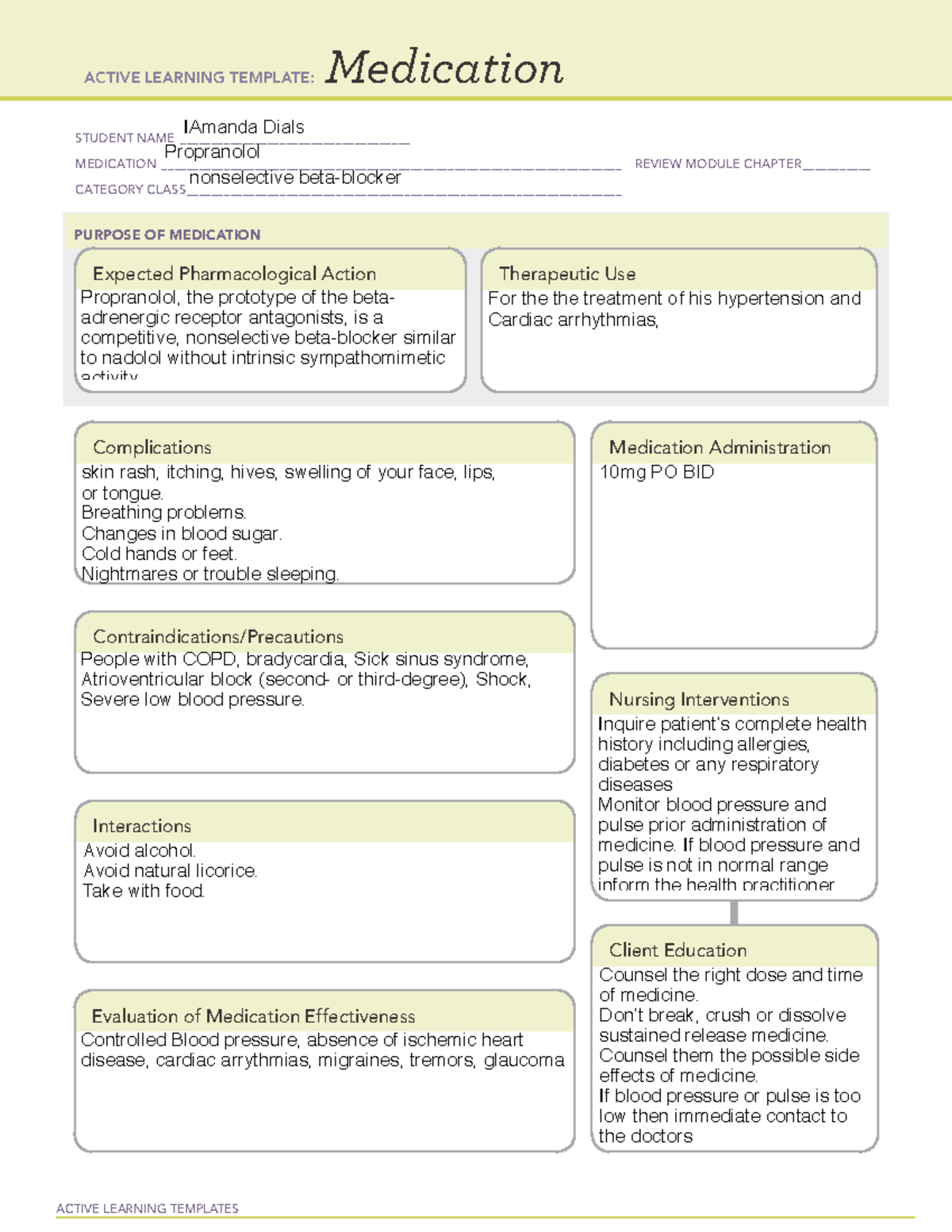 ATI Propranolol Active Learning Template for Medication Review - Studocu