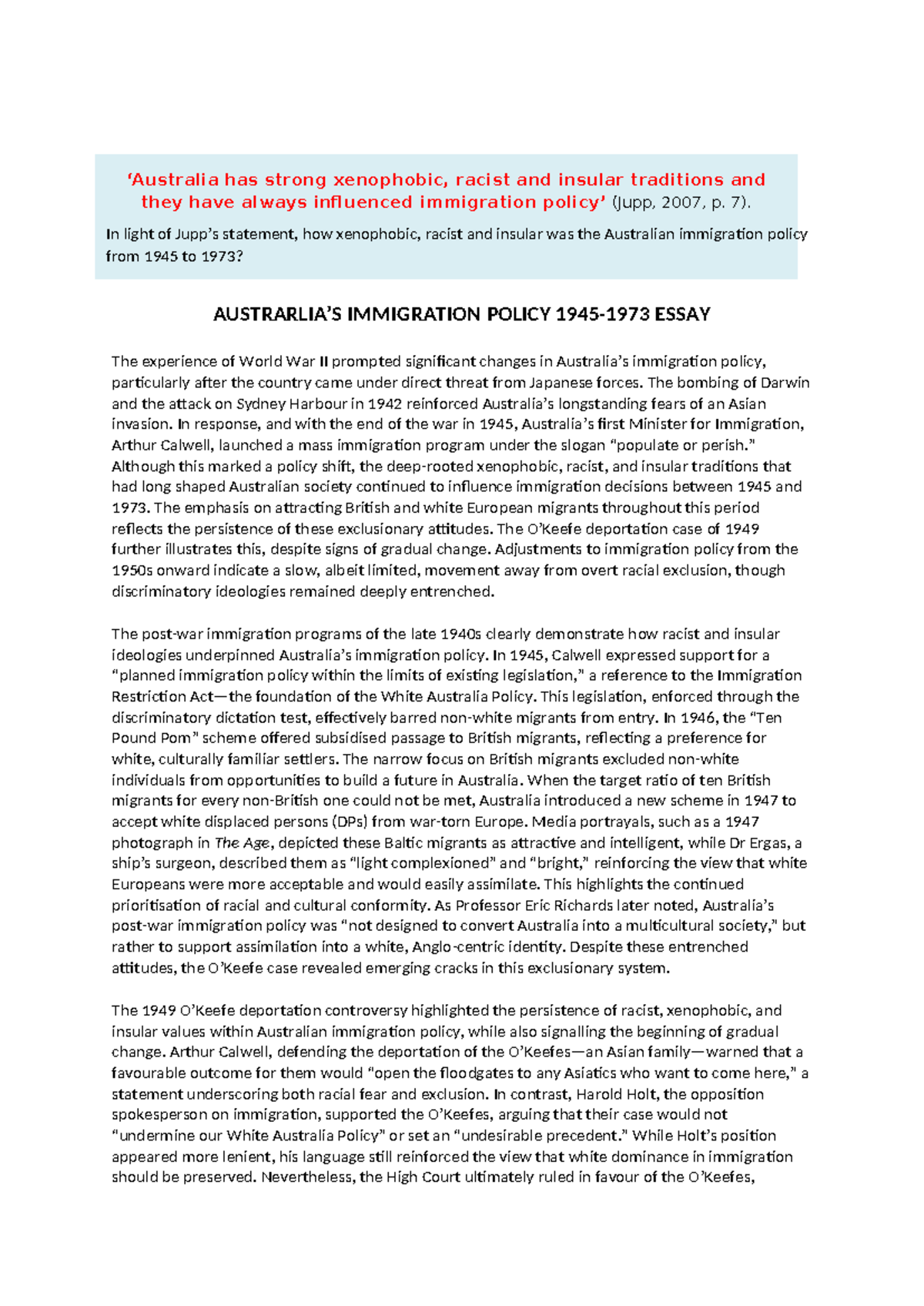 Australia's Immigration Policy 1945-1973: A Study of Racism and ...