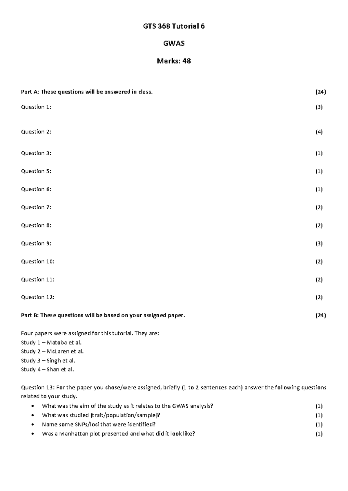 GTS 368 Tutorial 6: GWAS Questions & Assigned Papers Guide - Studocu