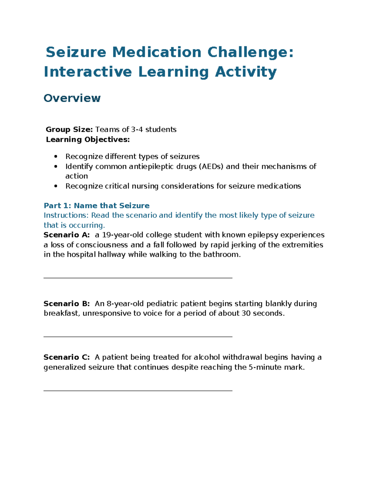 Seizures In Class Activity: Interactive Learning Overview - Studocu