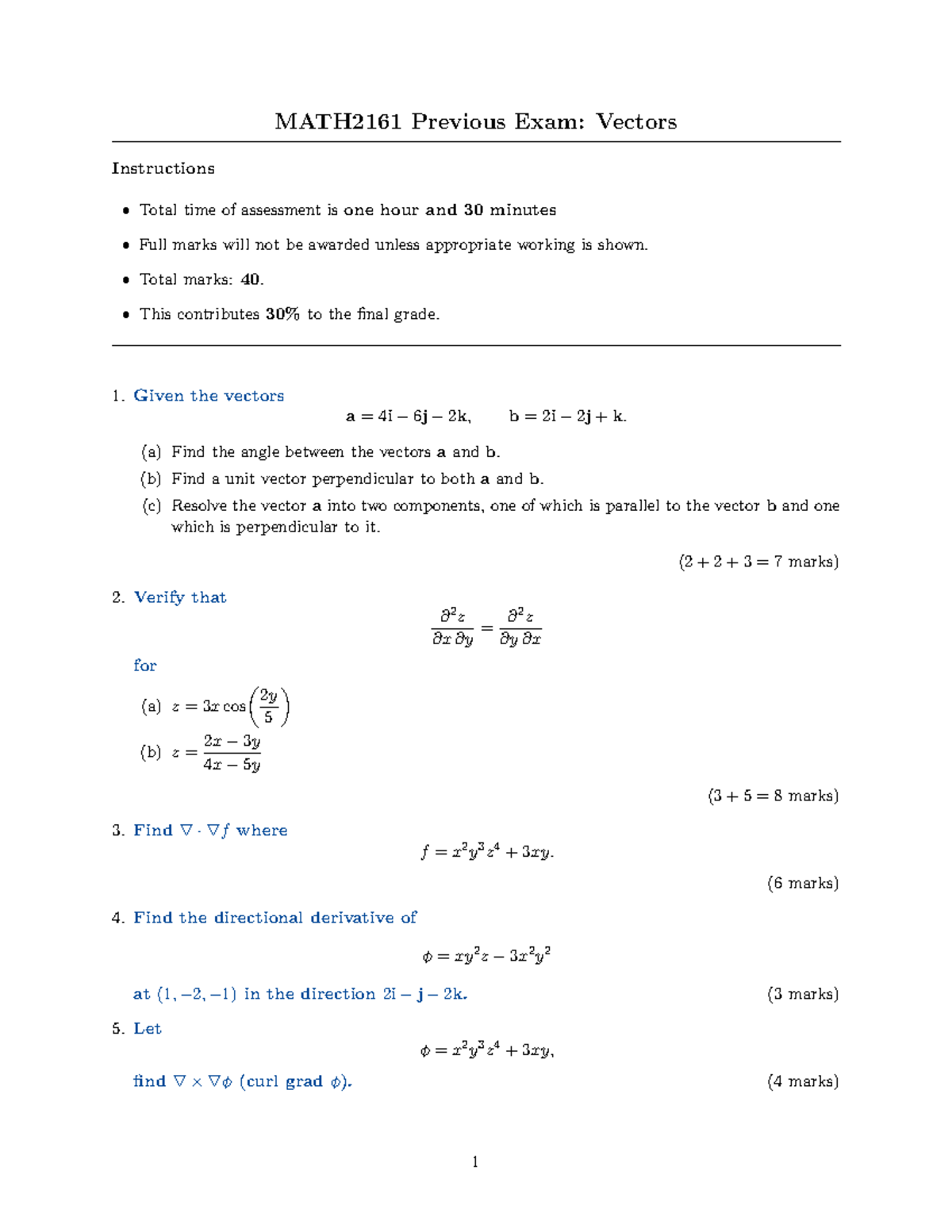 MATH2161 Previous Exam Practice: Vectors and Applications - Studocu