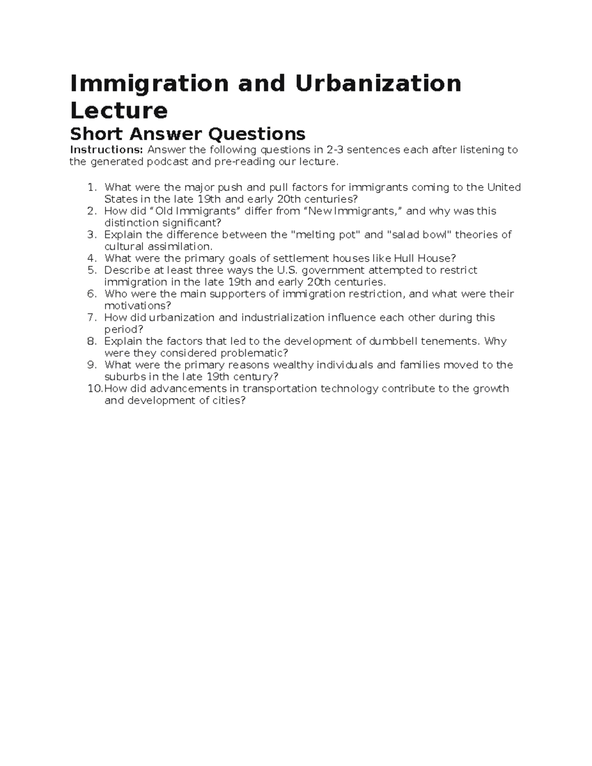 Immigration & Urbanization Lecture Homework 2 Analysis Questions - Studocu