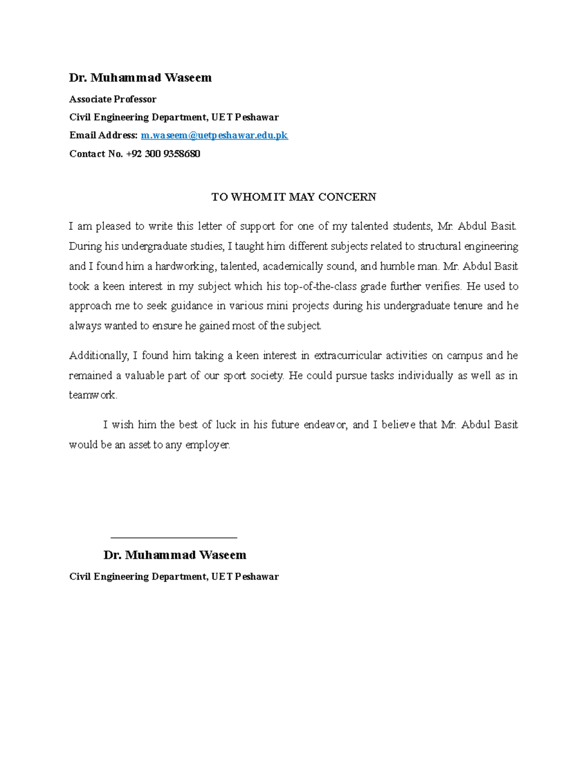 Basit reference letter - Proffessor - Dr. Muhammad Waseem Associate ...