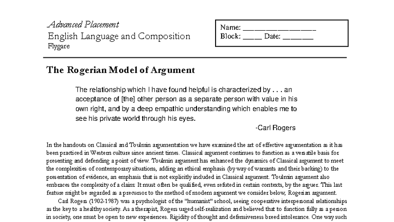 AP English Language & Comp: Rogerian Model of Argument Handout - Studocu
