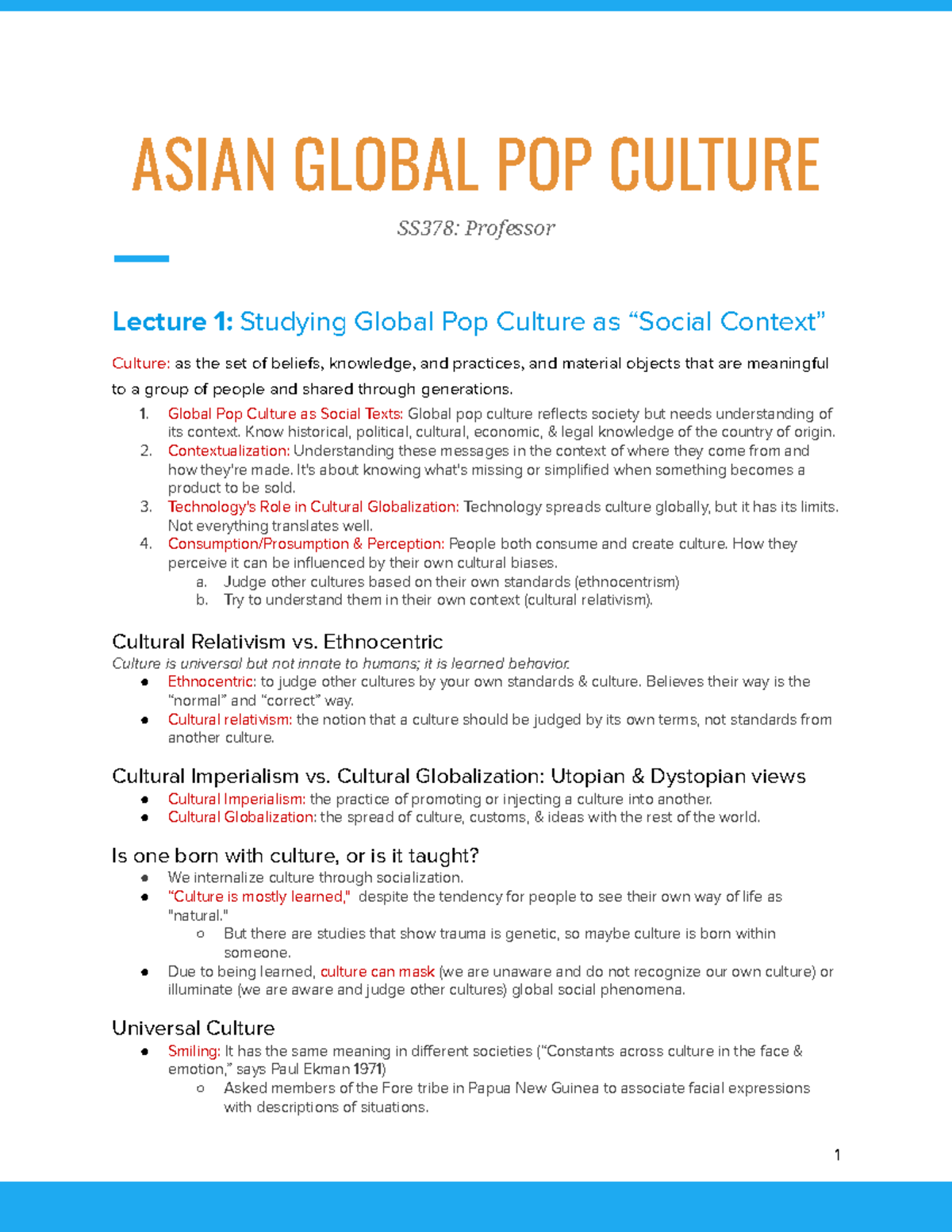 SS378: Asian Global Pop Culture Lecture Series Overview (1-4) - Studocu