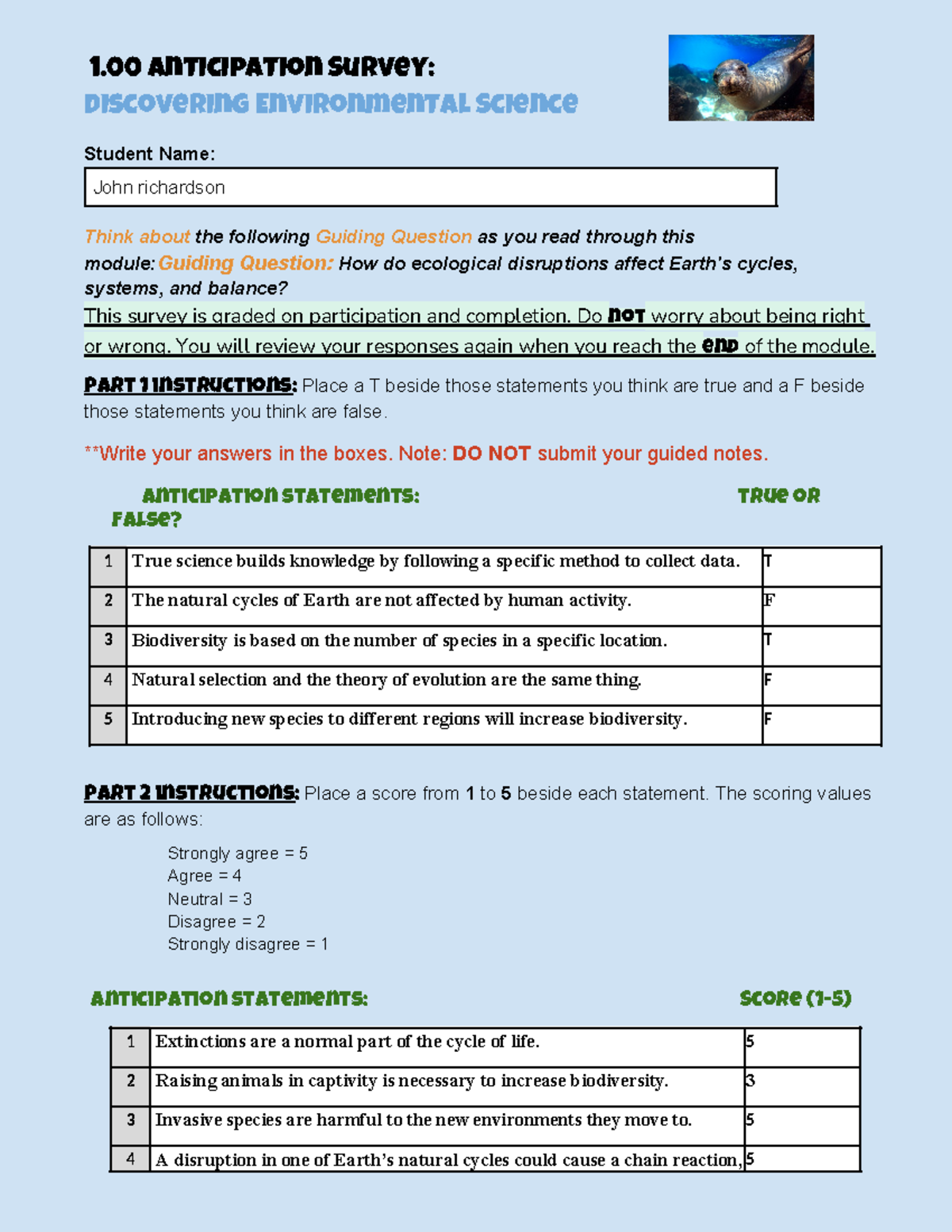Copy of 1.00 Anticipation Survey - 1 Anticipation Survey: Discovering ...