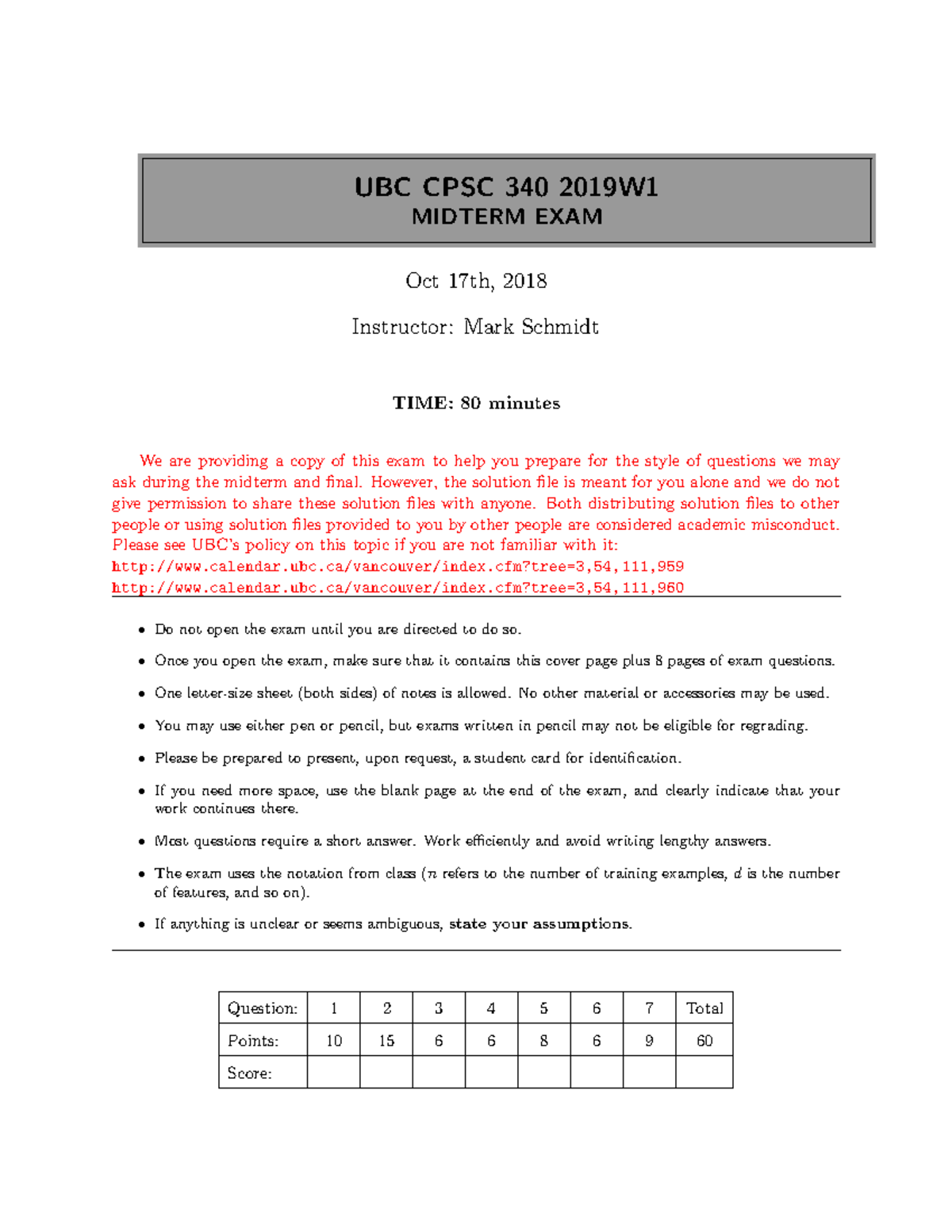 CPSC 340 2019W - Midterm Exam Preparation Guide - Studocu