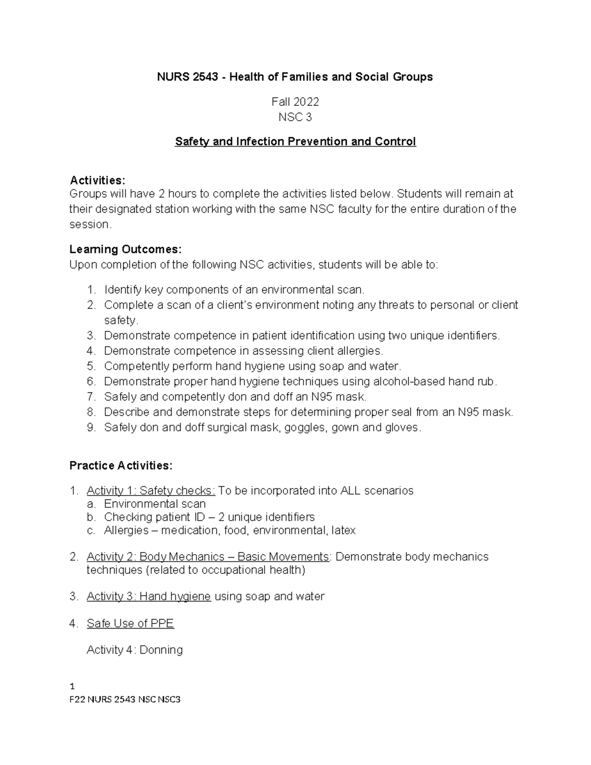 NURS 2543 Fall 2022: Safety & Infection Control Activities - Studocu