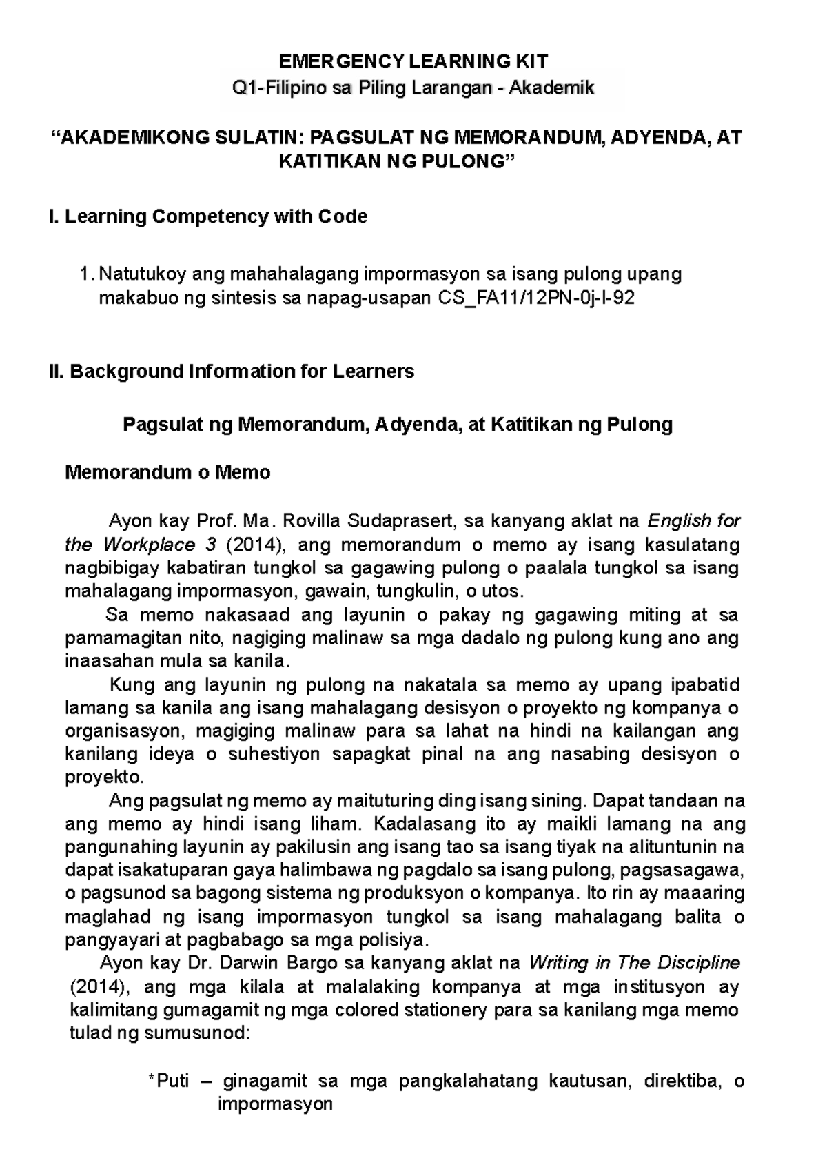 Filipino SPLA Emergency Learning Kit: Pagsulat ng Memo at Adyenda - Studocu
