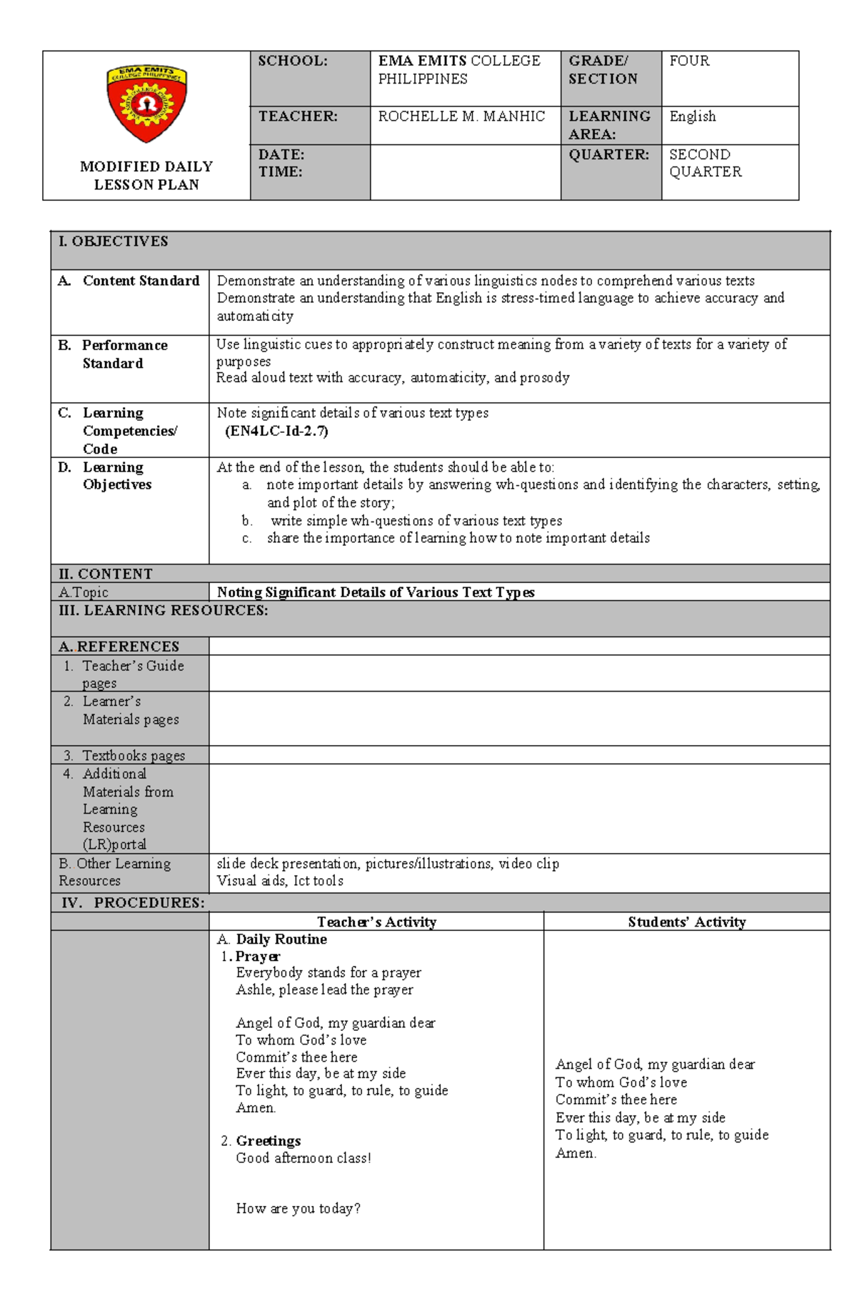 Detailed Lesson Plan for English 4 - Second Quarter - Studocu