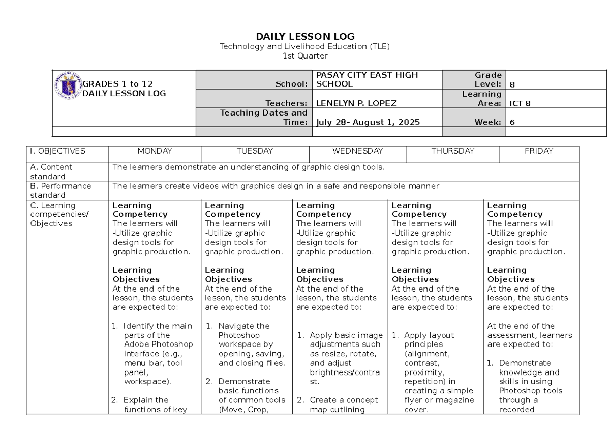 Week 4 Daily Lesson Log for TLE 8: Graphic Design & Adobe Photoshop ...