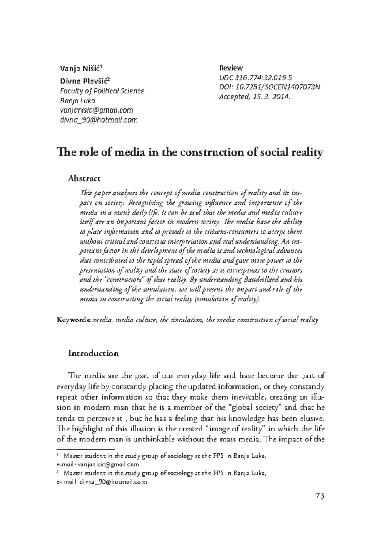 The Role of Media in Constructing Social Reality - UDC 316.774:32.019.5 ...