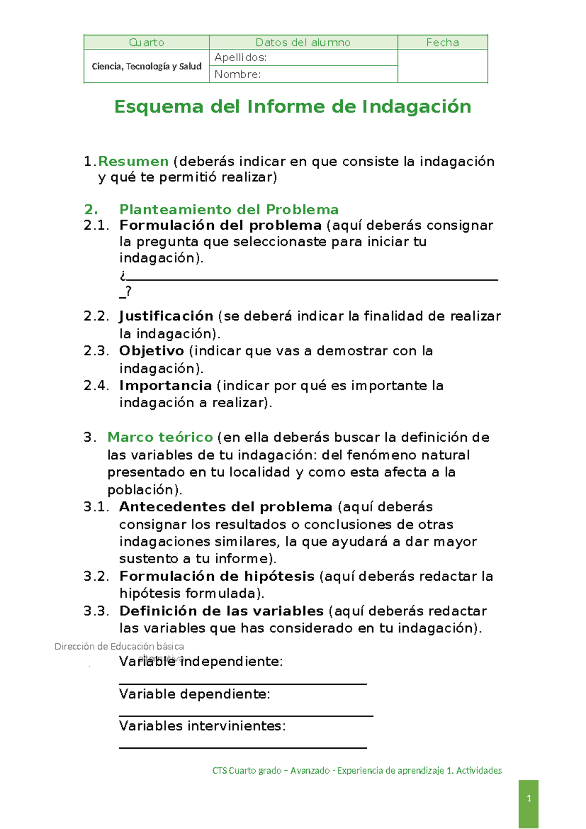 Esquema del Informe de Indagación en CTS: Cuarto grado - Avanzado - Studocu