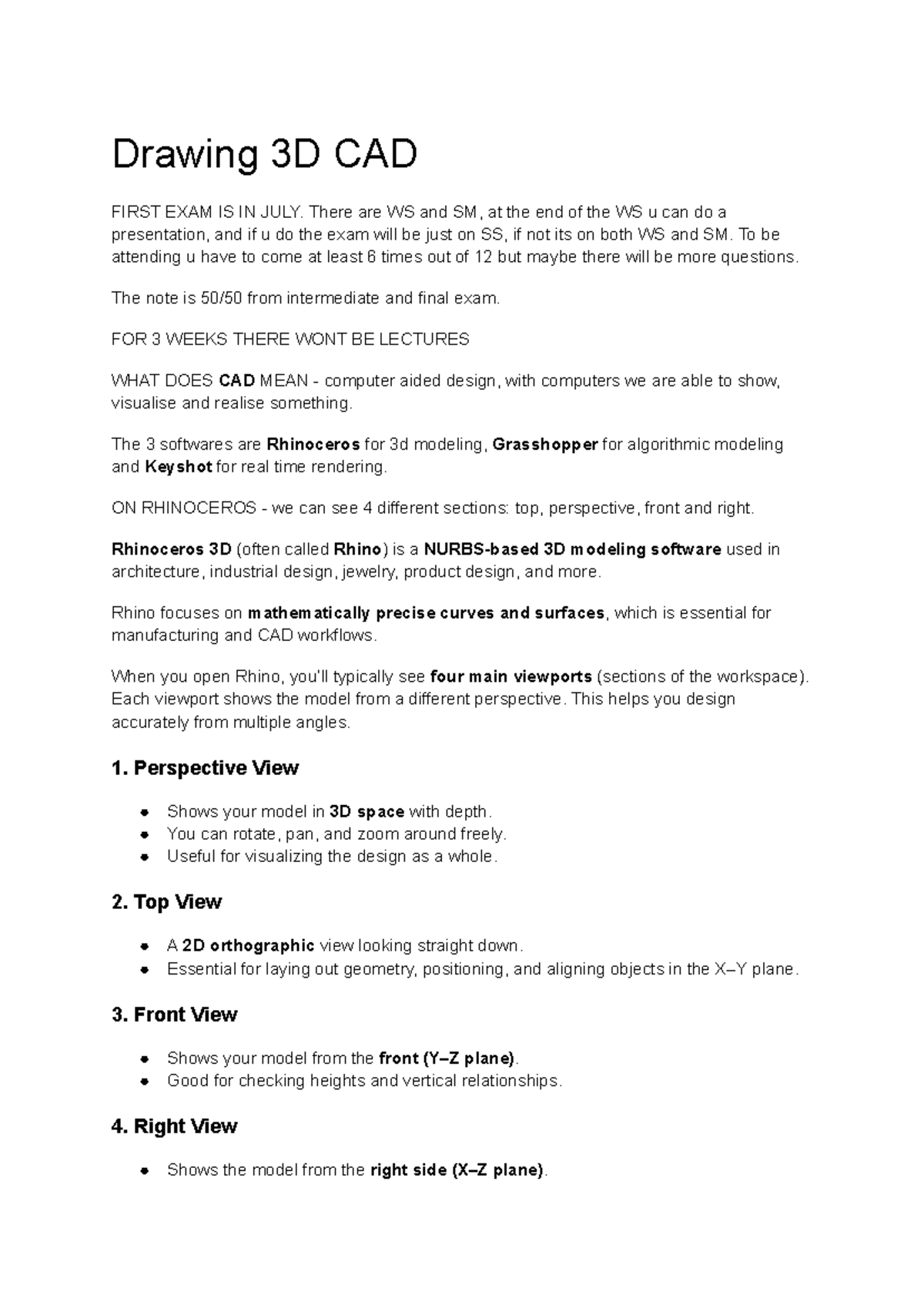 Drawing 3D CAD: First Exam Overview for WS & SM - Studocu