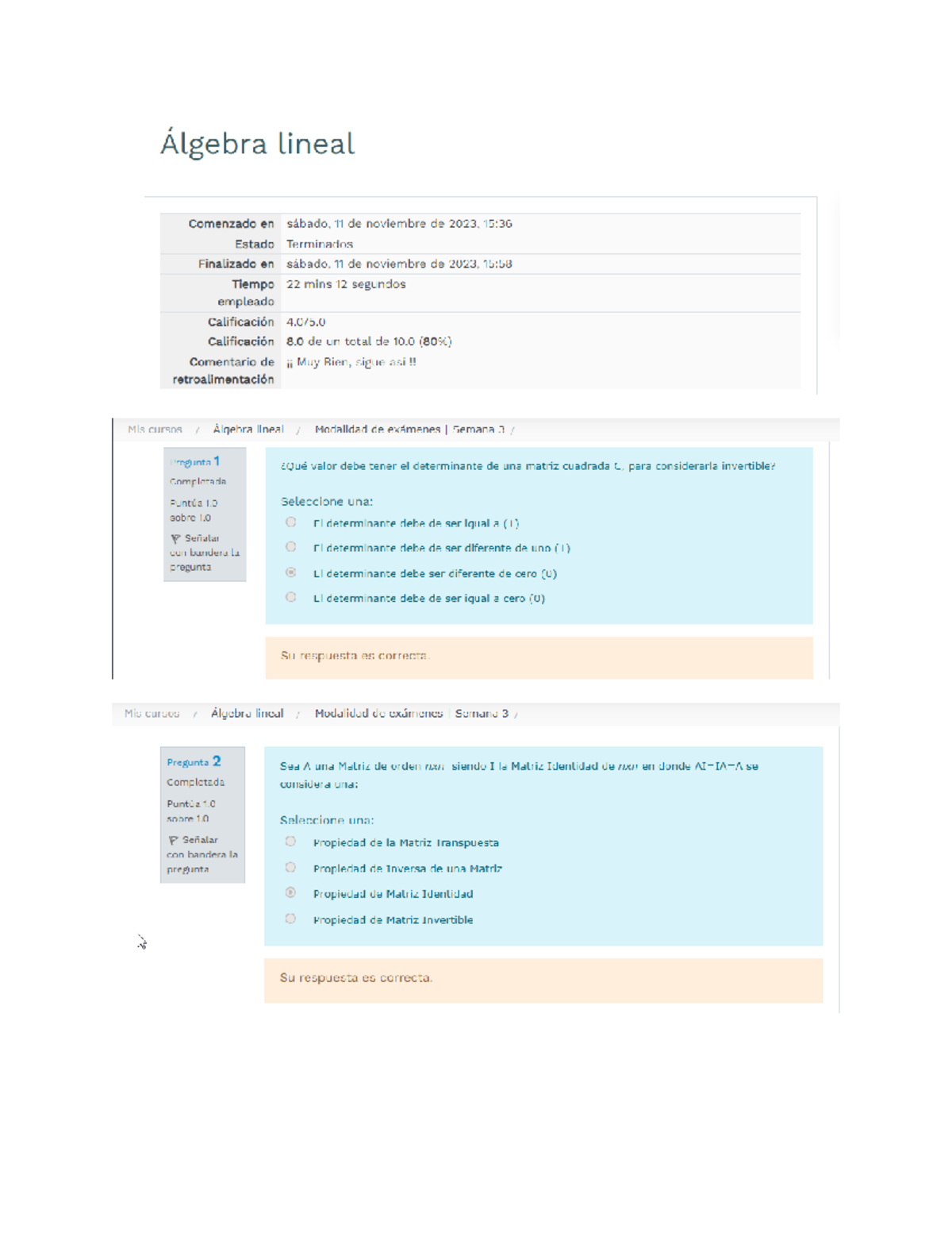 Examen Semana 3 - Álgebra Lineal: Respuestas y Comentarios - Studocu