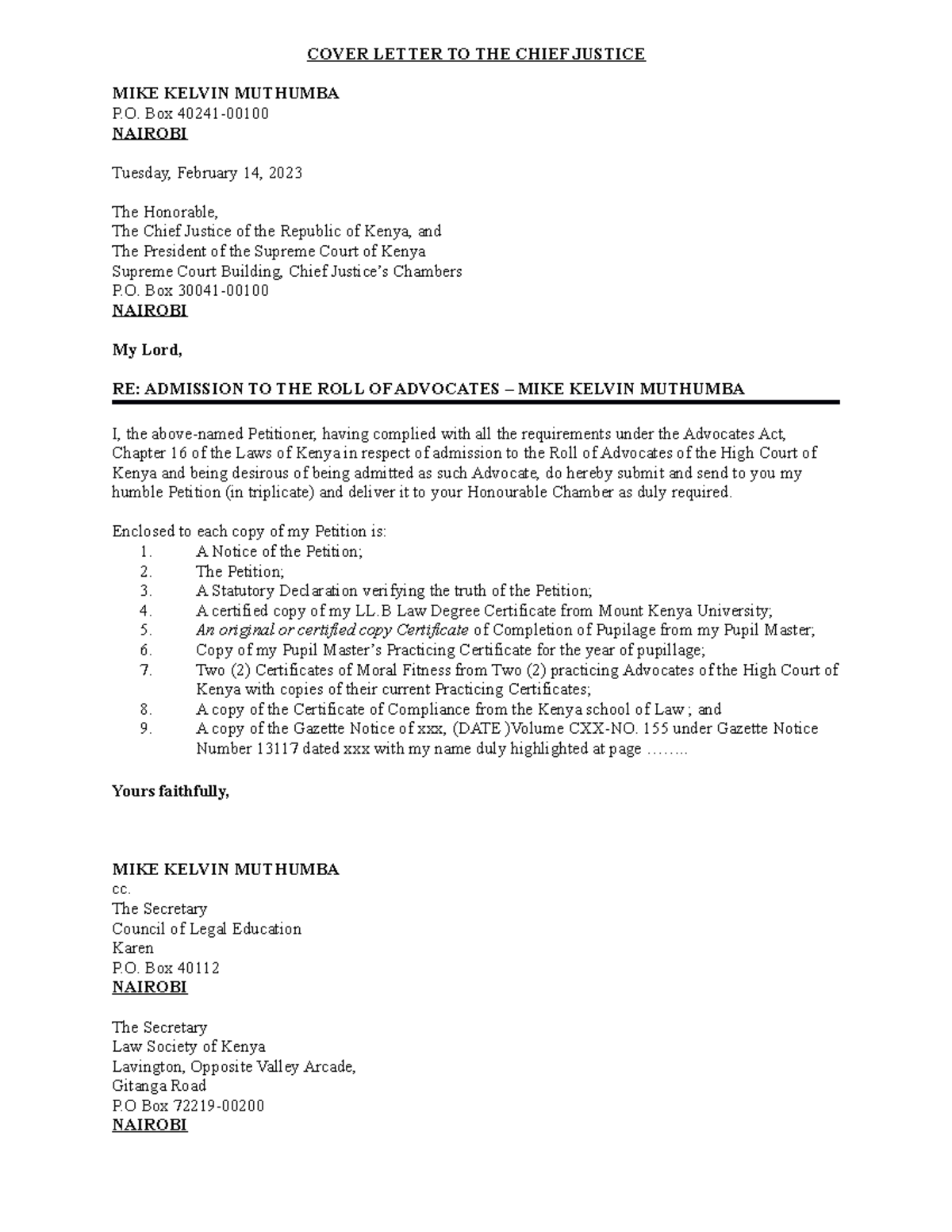 Petition for Admission to the Roll of Advocates – Mike Kelvin Muthumba ...