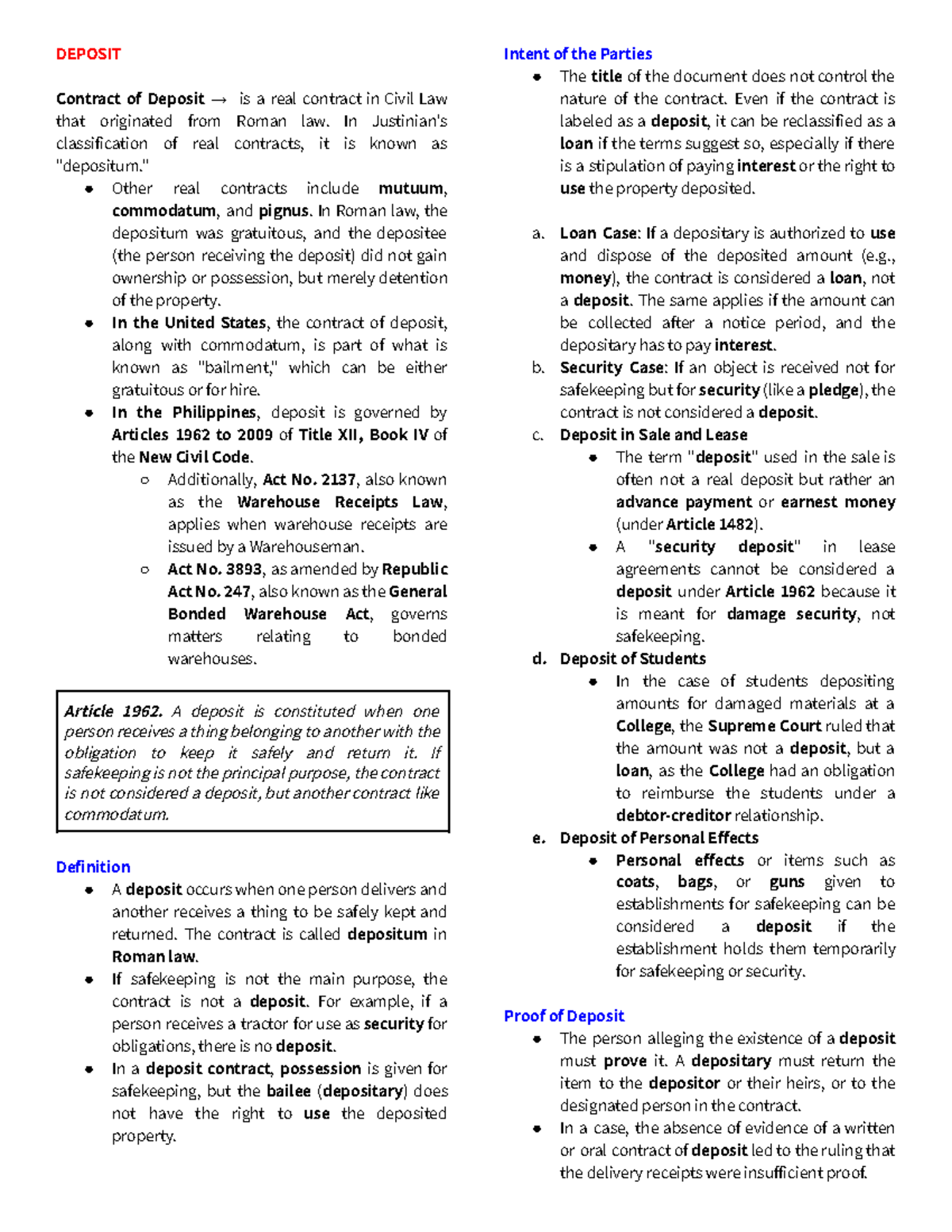 CIVIL LAW 101: Understanding the Contract of Deposit - Studocu