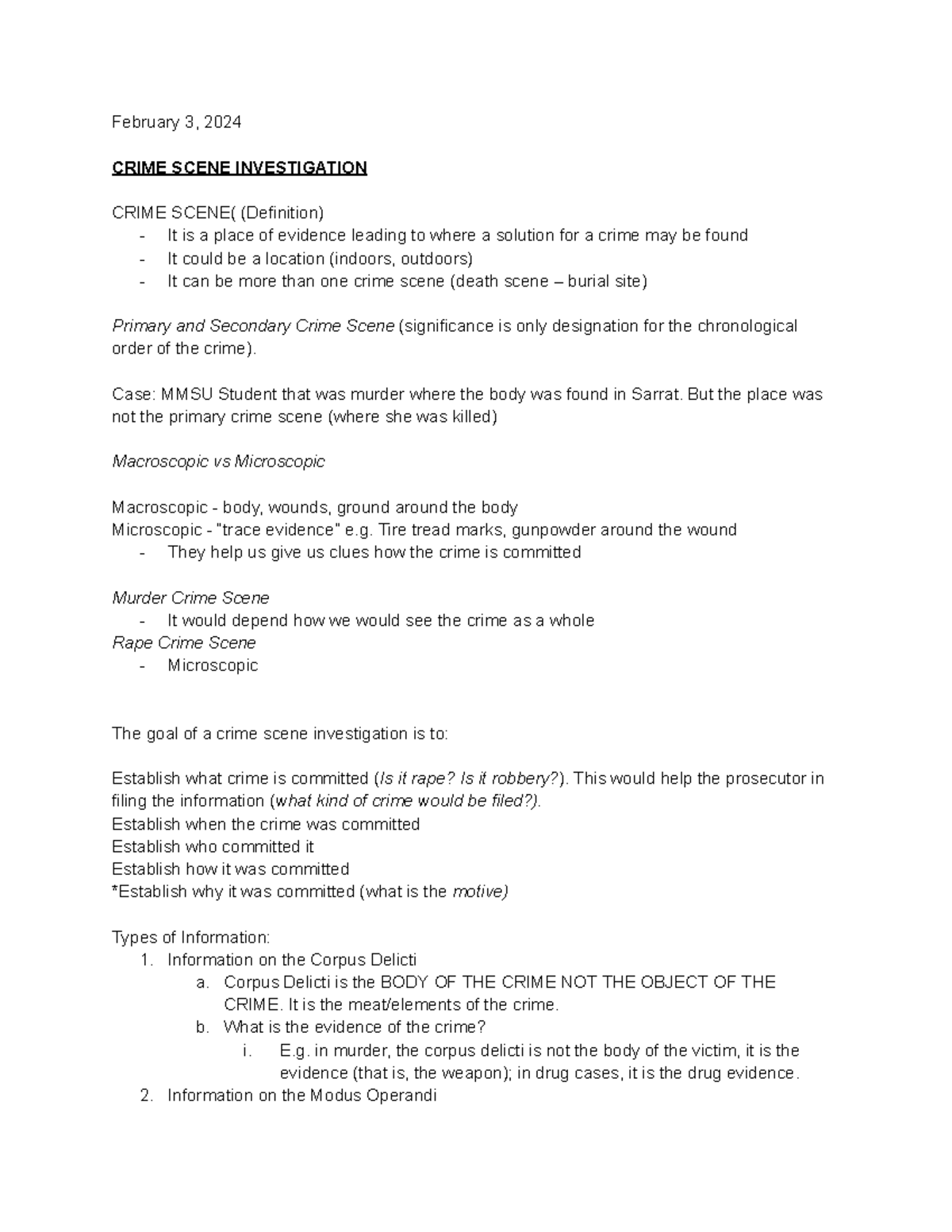 CRIM 101: Forensics Reviewer & Crime Scene Investigation Insights - Studocu