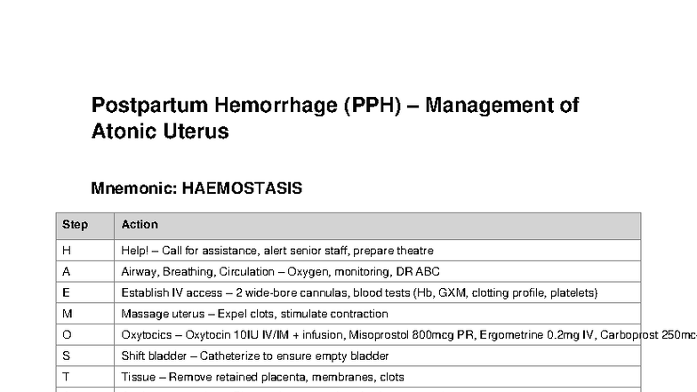 PPH Management Flowchart: Atonic Uterus Mnemonic HAEMOSTASIS - Studocu
